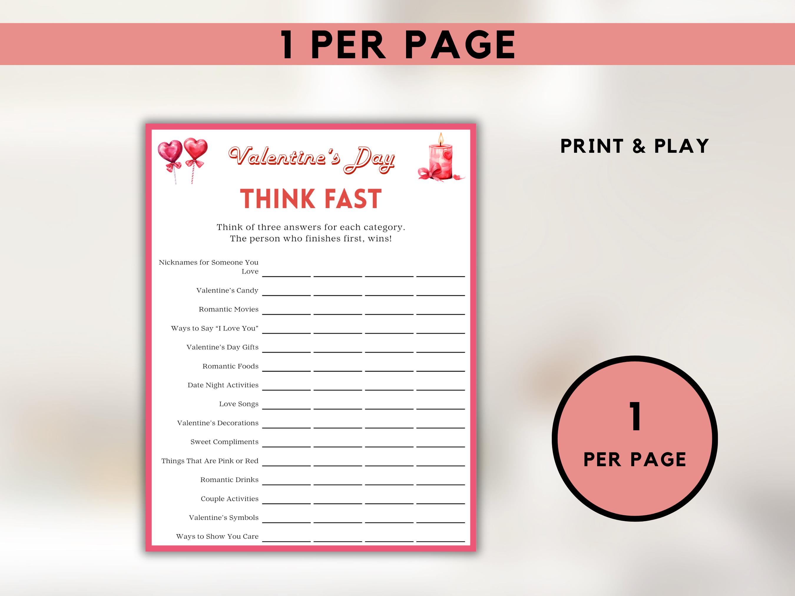 Valentine’s Day Think Fast Game Printable, Fun Valentine Party Activity ...