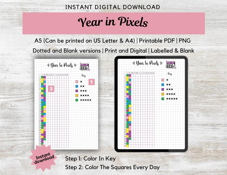 Year in Pixels Printable Page Insert, Bullet Journal Planner, Daily ...