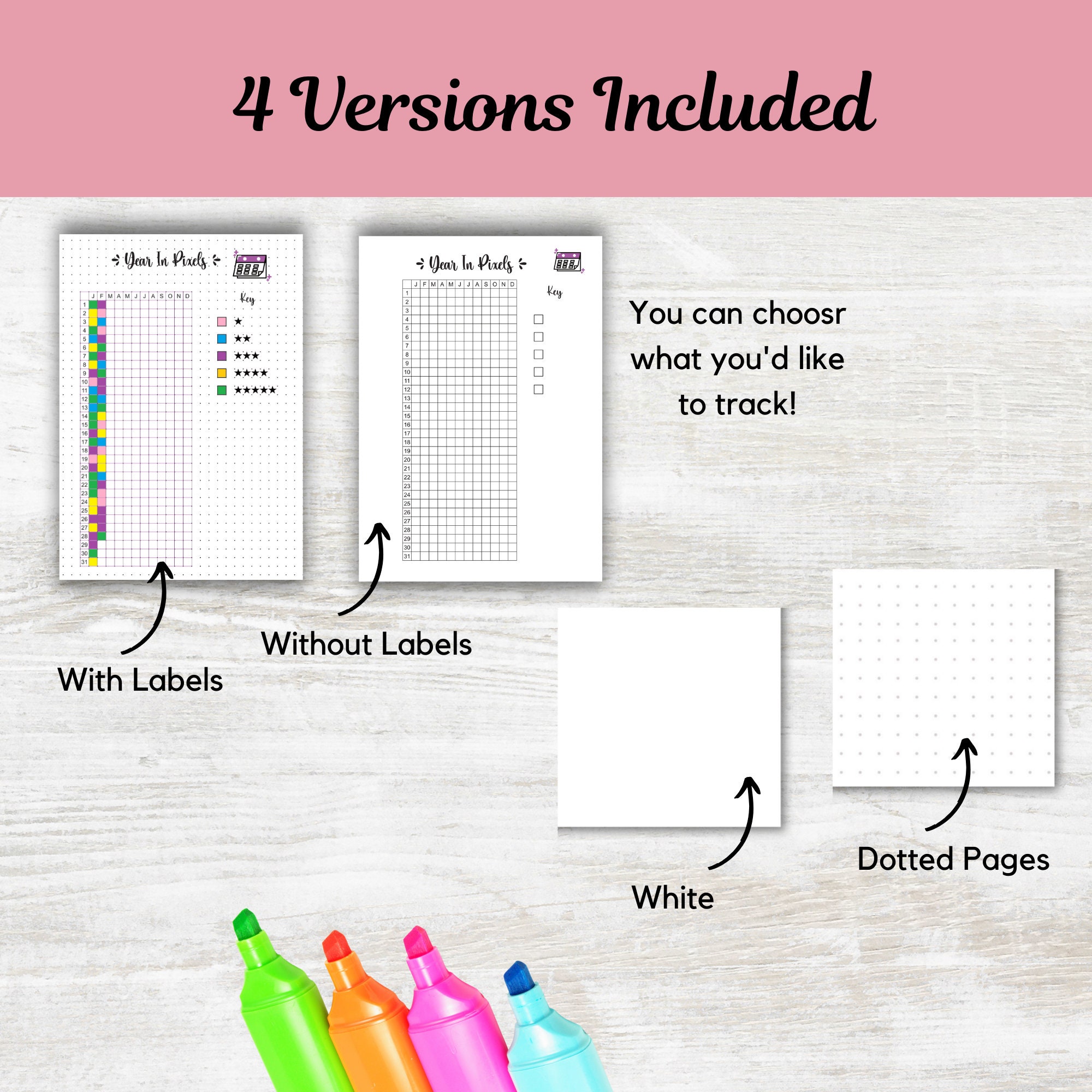 Year in Pixels Printable Page Insert, Bullet Journal Planner, Daily ...