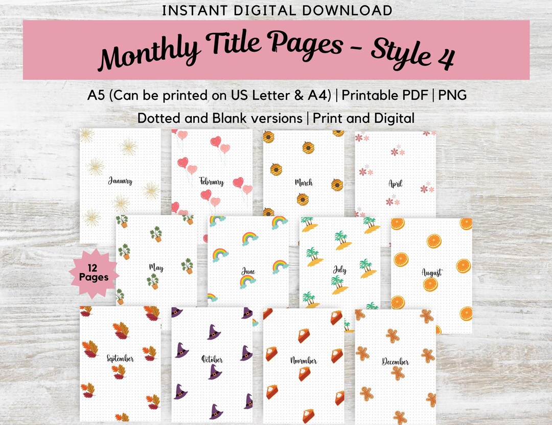 12 Month Title Pages - Style 4, Printable Bullet Journal Page, Title ...