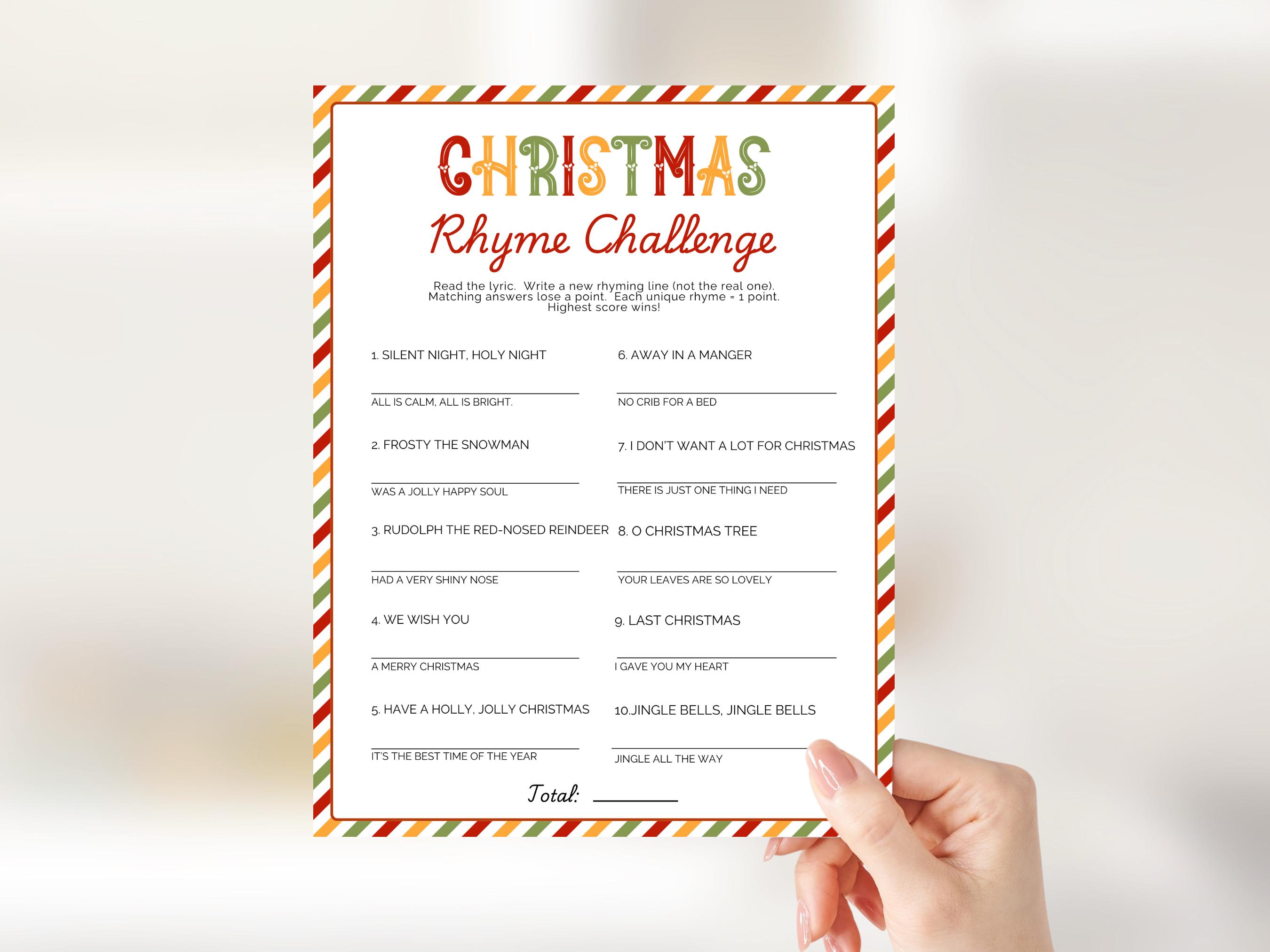 Christmas Rhyme Game Printable, Fun Holiday Rhyming Lyrics Challenge ...