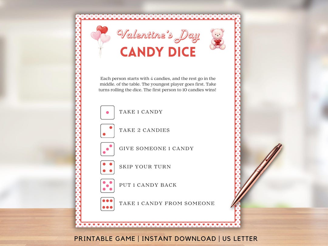 Valentine's Day Candy Dice Game Printable, Holiday Party Activity ...