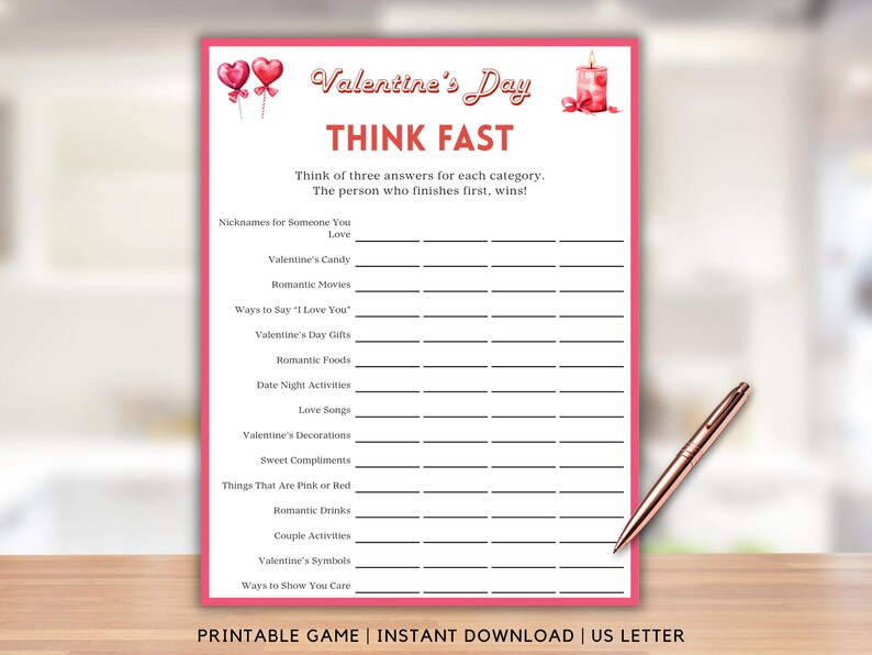 Valentine’s Day Think Fast Game Printable, Fun Valentine Party Activity ...