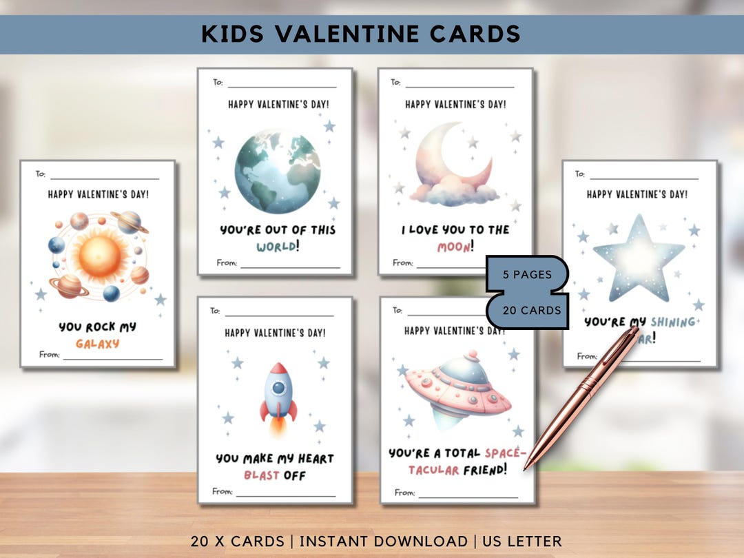 Space Valentine Cards for Kids, Printable Classroom Valentines, Solar ...