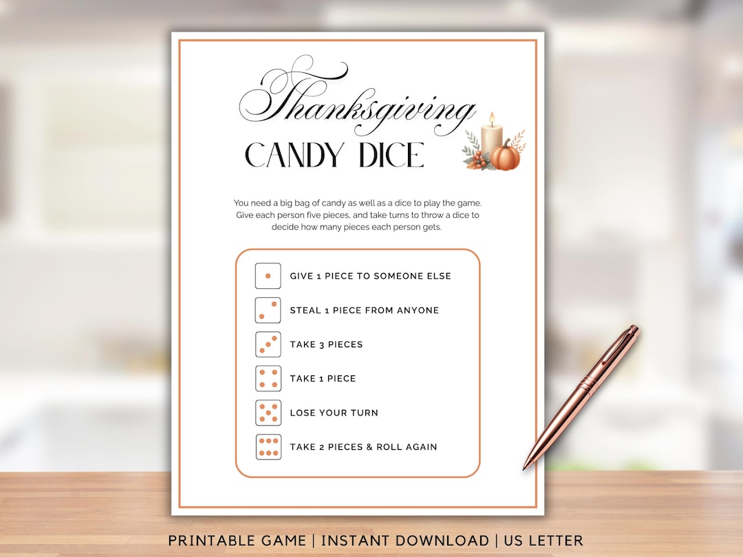 Thanksgiving Candy Dice Game Printable, Fun Fall Party Game for Kids ...