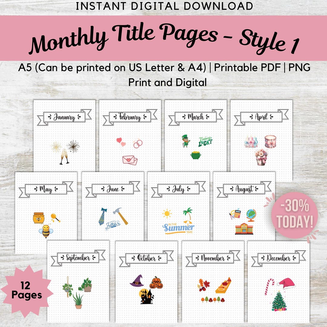 12 Month Title Pages Style 1, Printable Bullet Journal Page, Title Page ...