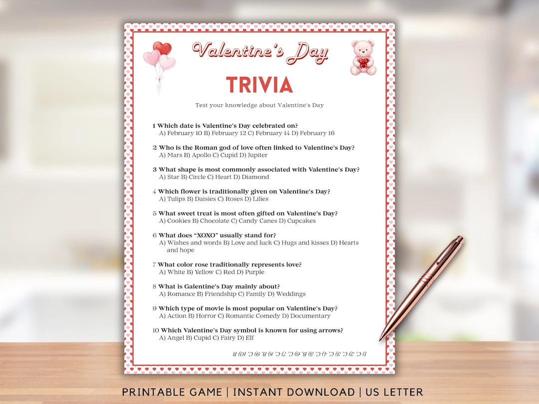 Valentine’s Day Trivia Game, Printable Valentine Quiz for Kids, Adults ...