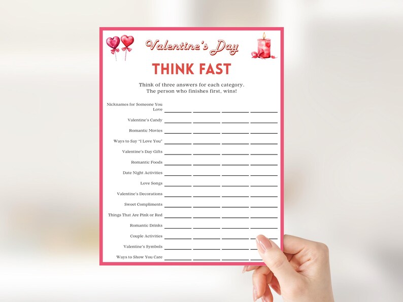 Valentine’s Day Think Fast Game Printable, Fun Valentine Party Activity ...