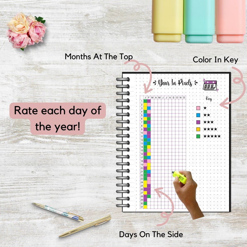 Year in Pixels Printable Page Insert, Bullet Journal Planner, Daily ...