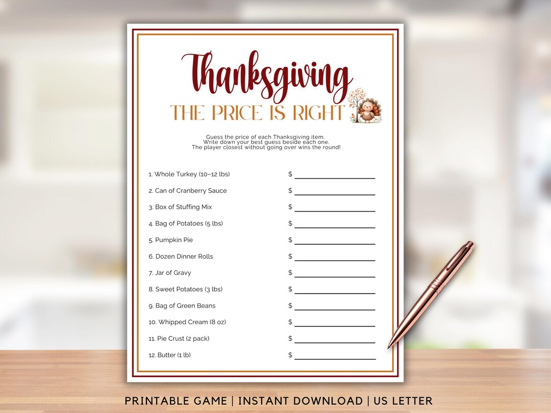Thanksgiving Price is Right Game Printable, Fun Party Activity for ...