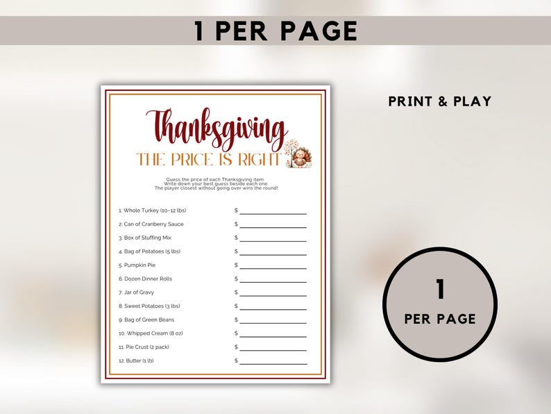 Thanksgiving Price is Right Game Printable, Fun Party Activity for ...
