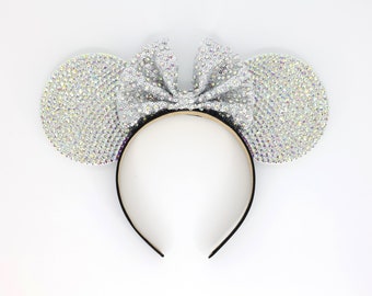 Silver Iridescent Crystal Rhinestone Mouse Ears With Double Pink Satin ...