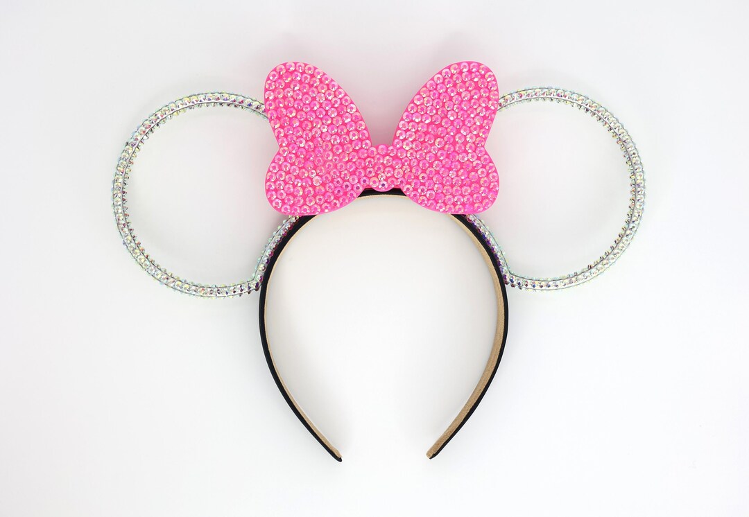 3D BARBIE PINK Minnie Bow All Sides Rhinestone IRIDESCENT Mouse Ears ...