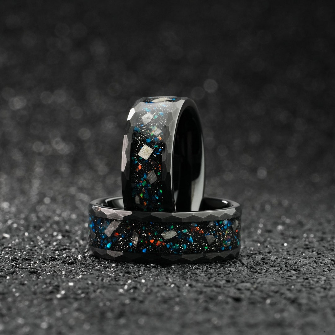 Meteorite Galaxy Opal Hammered Wedding Band, Mens Opal Engagement Star ...