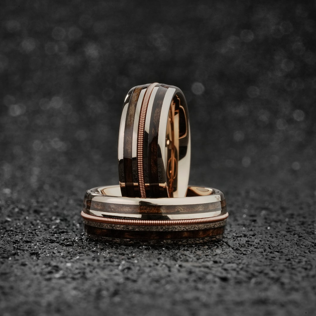 Rose Gold Guitar String Ring, Mens Hawaiian Koa Wooden Ring, Unique ...