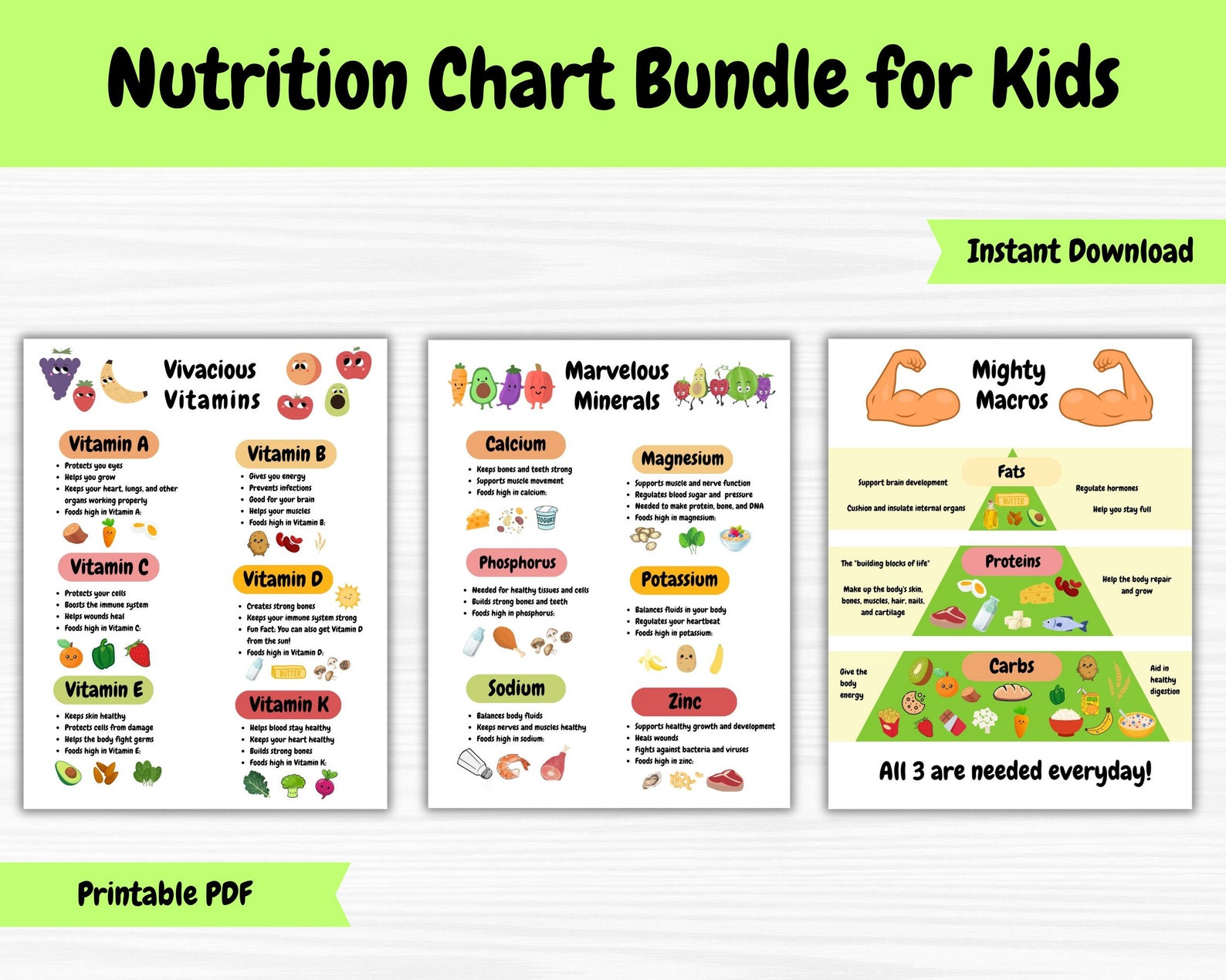 Kids Nutrition Poster Bundle | Vitamins, Minerals, Macronutrients (PDF ...