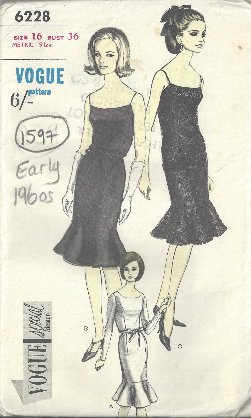 1960s Vintage VOGUE Sewing Pattern B36 ONE-PIECE Eevening Dress 1597 by ...