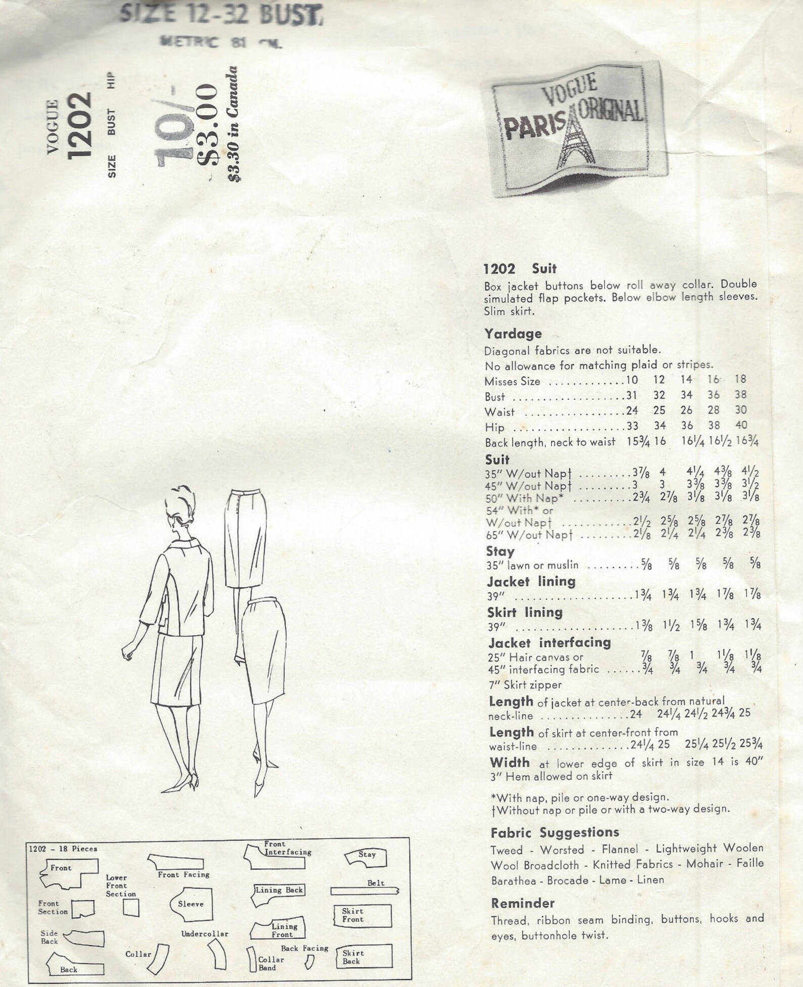 1963 Vintage VOGUE Sewing Pattern B32 Suit JACKET & SKIRT (1375R) Patou ...