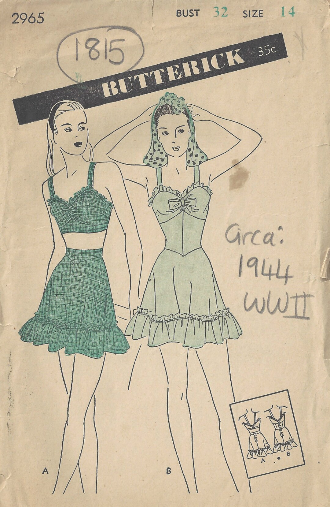 1944 WW11 Vintage Sewing Pattern B32 BATHING SUIT (1815) Butterick 2965 ...