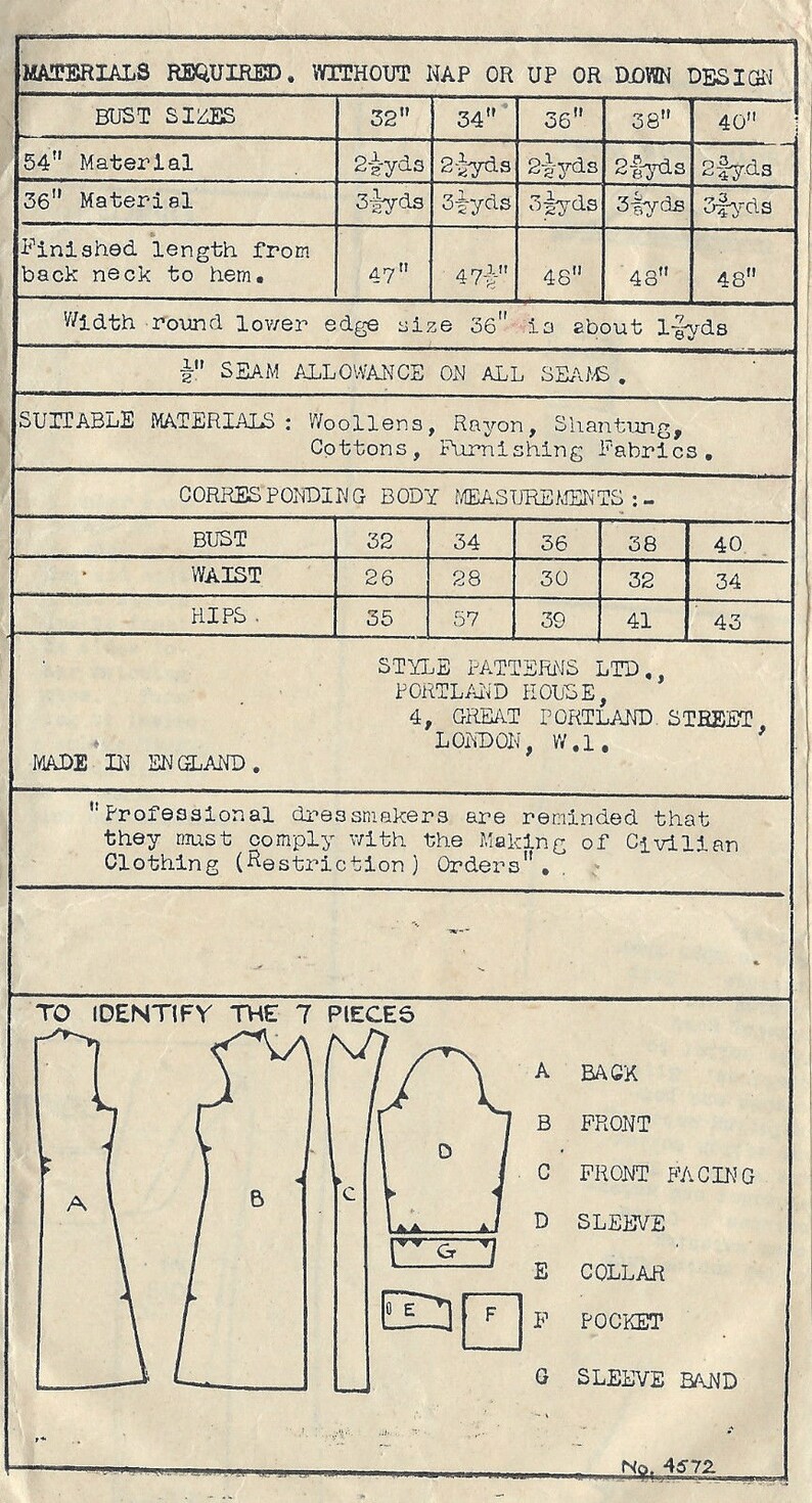 1940s WW2 Vintage Sewing Pattern B36 House Coat DRESSING GOWN (1490) by ...