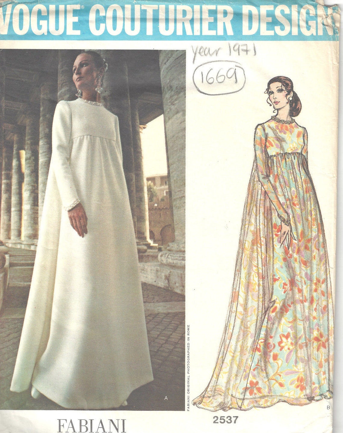 1971 Vintage VOGUE Sewing Pattern B36in EVENING Dress (1669) Fabiani of ...