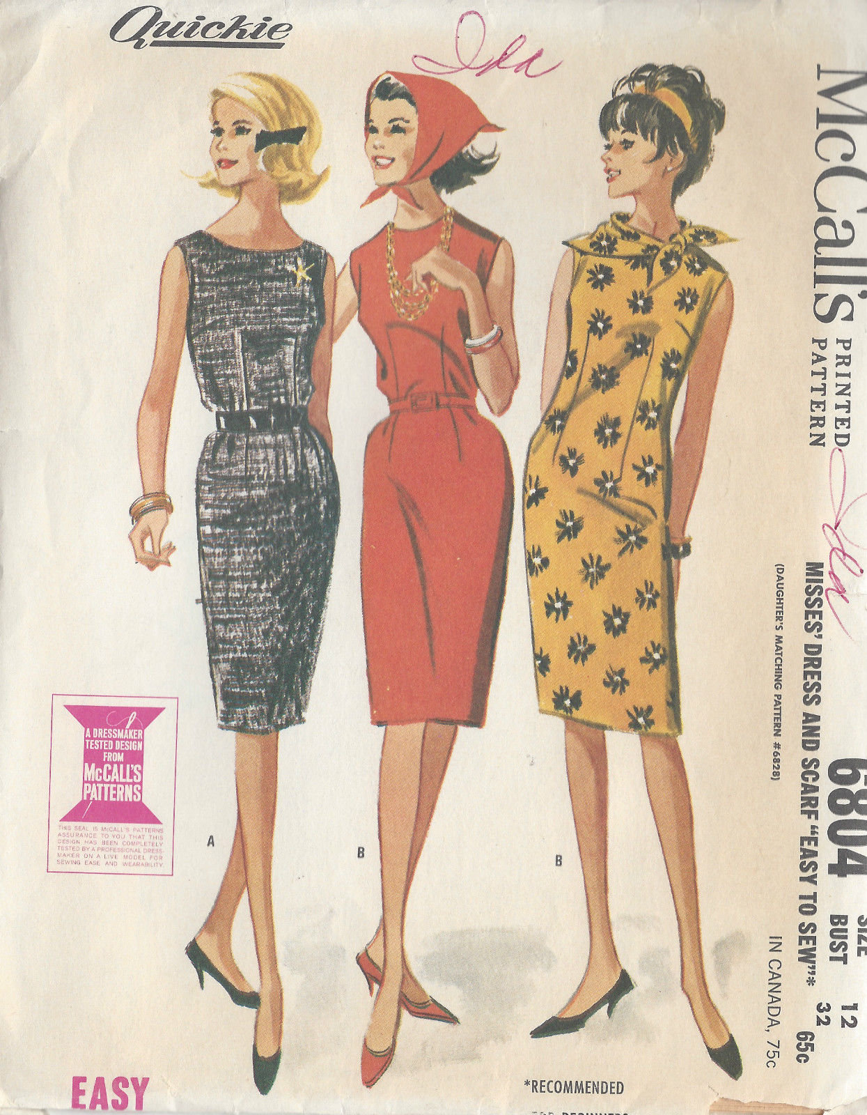 1963 Vintage Sewing Pattern B32 DRESS & SCARF (1072) by Mccall’s 6804 ...