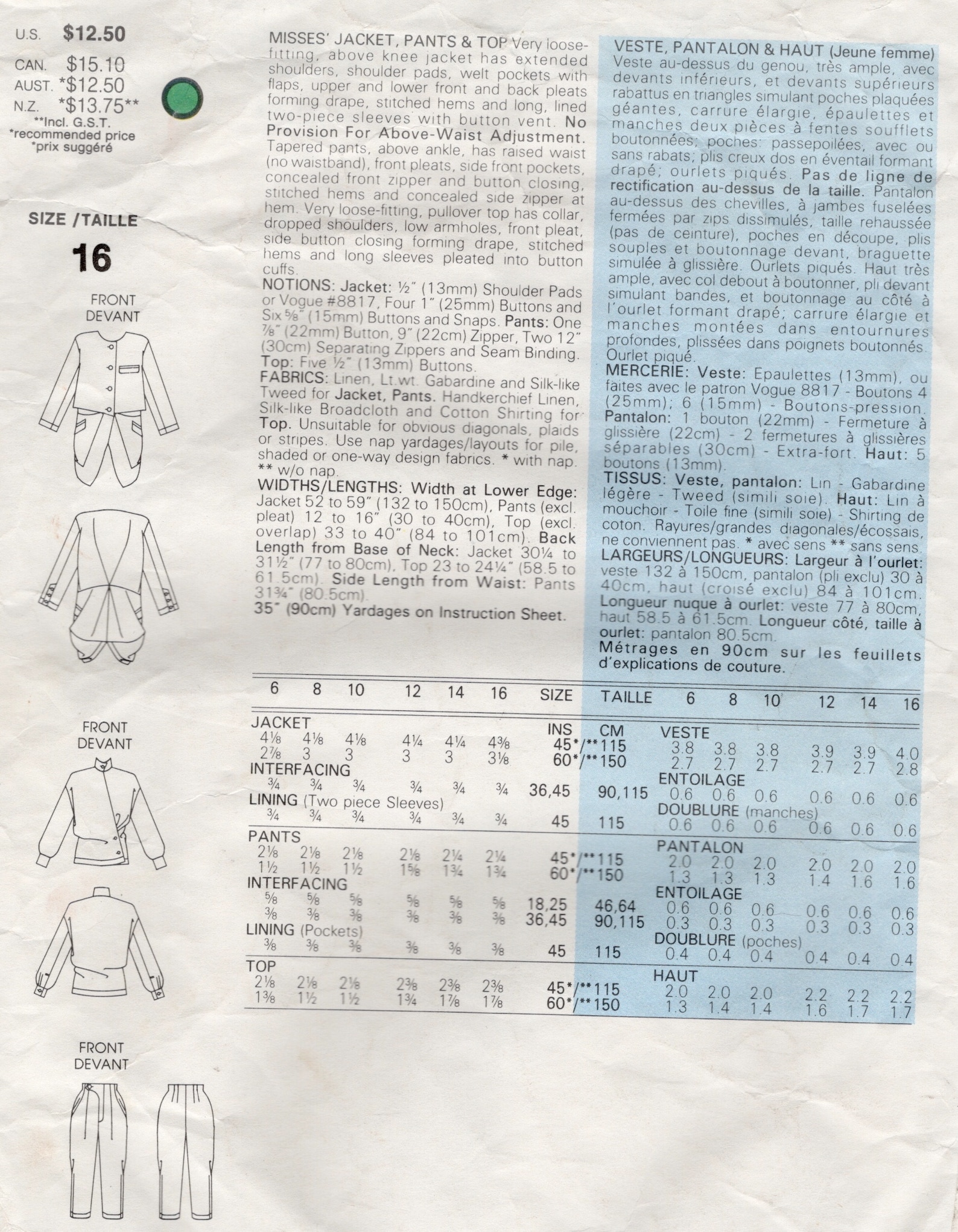 1988 Vintage VOGUE Sewing Pattern (bust: 38 In) Jacket Top Pants (2239 ...