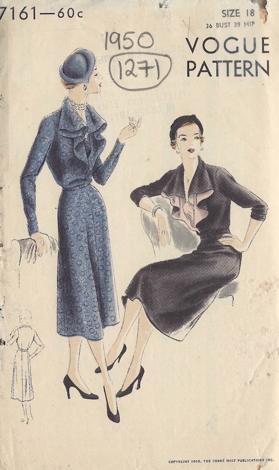 1950 Vintage VOGUE Sewing Pattern B36 DRESS 1271 Vogue 7161 - Etsy