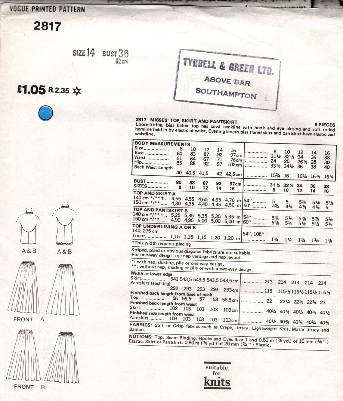 1973 Vintage VOGUE Sewing Pattern B36″ Top Skirt Pants (1982) by ...