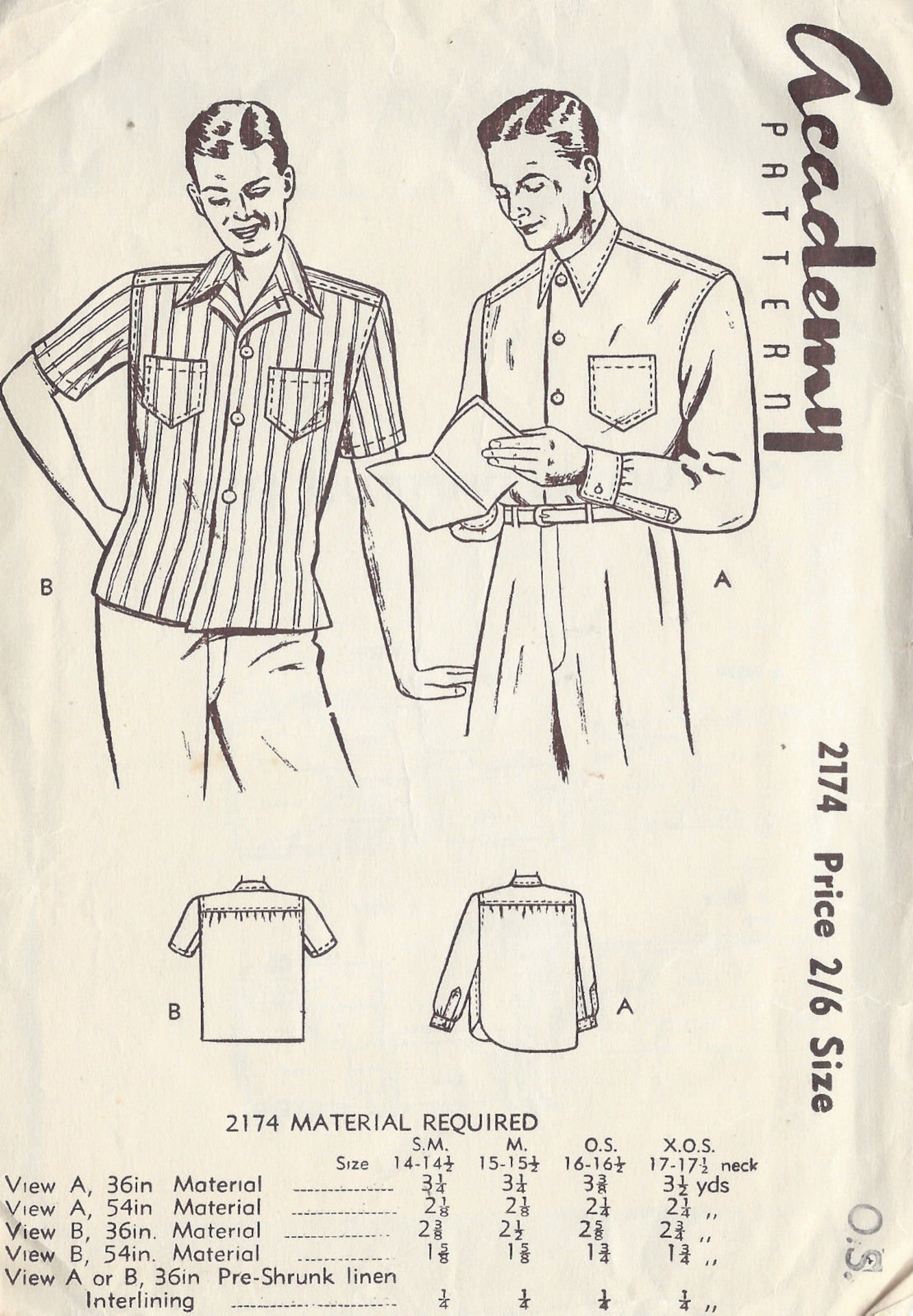 1940s Vintage Sewing Pattern Size16-16 1/2 MENS SHIRT (1053) Academy ...
