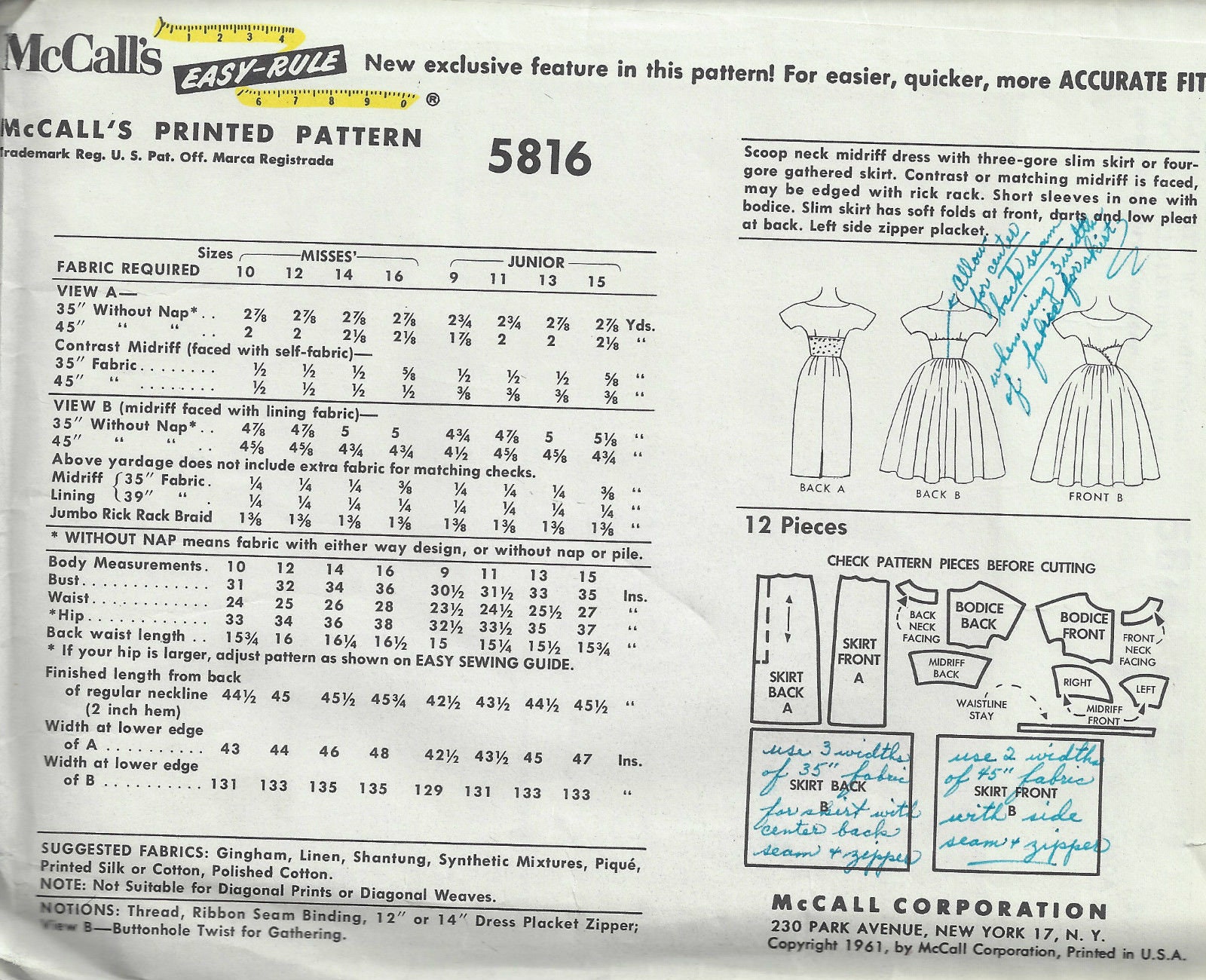 1961 Vintage Sewing Pattern B34 DRESS (1552) by Mccall’s 5816 - Etsy