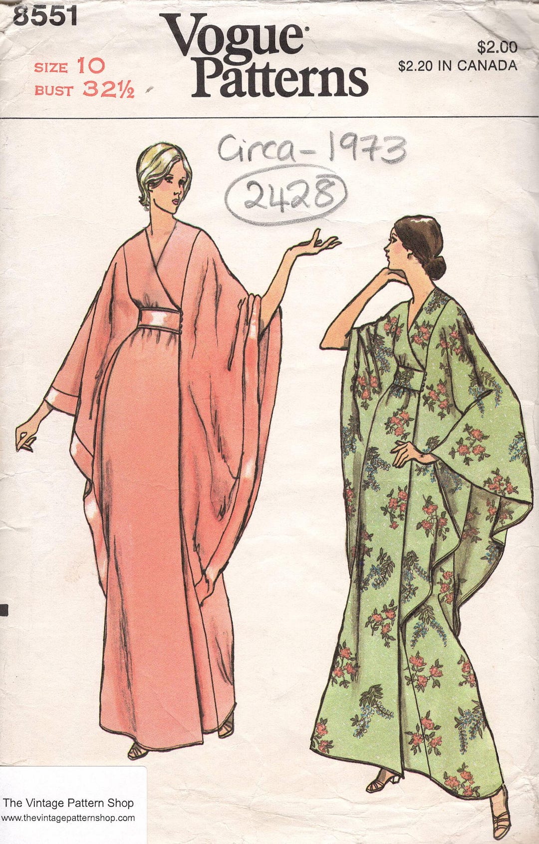 1973 Vintage VOGUE Sewing Pattern B32 1/2″ CAFTAN ROBE Dress (2428 ...