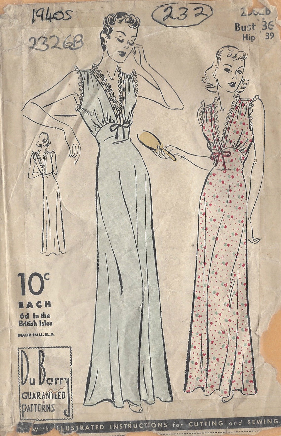 1940s Vintage Sewing Pattern B36 NIGHTDRESS-NEGLIGEE - Etsy