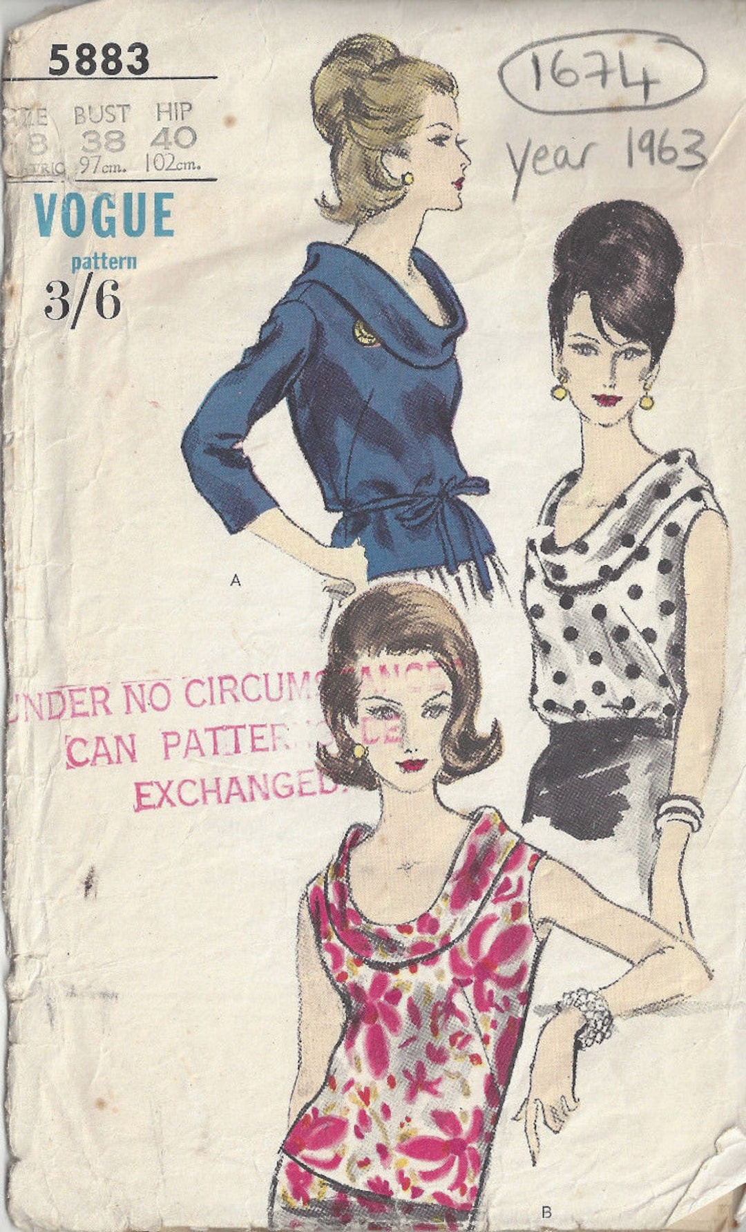 1963 Vintage VOGUE Sewing Pattern B38 BLOUSE (1674) VOGUE 5883 - Etsy