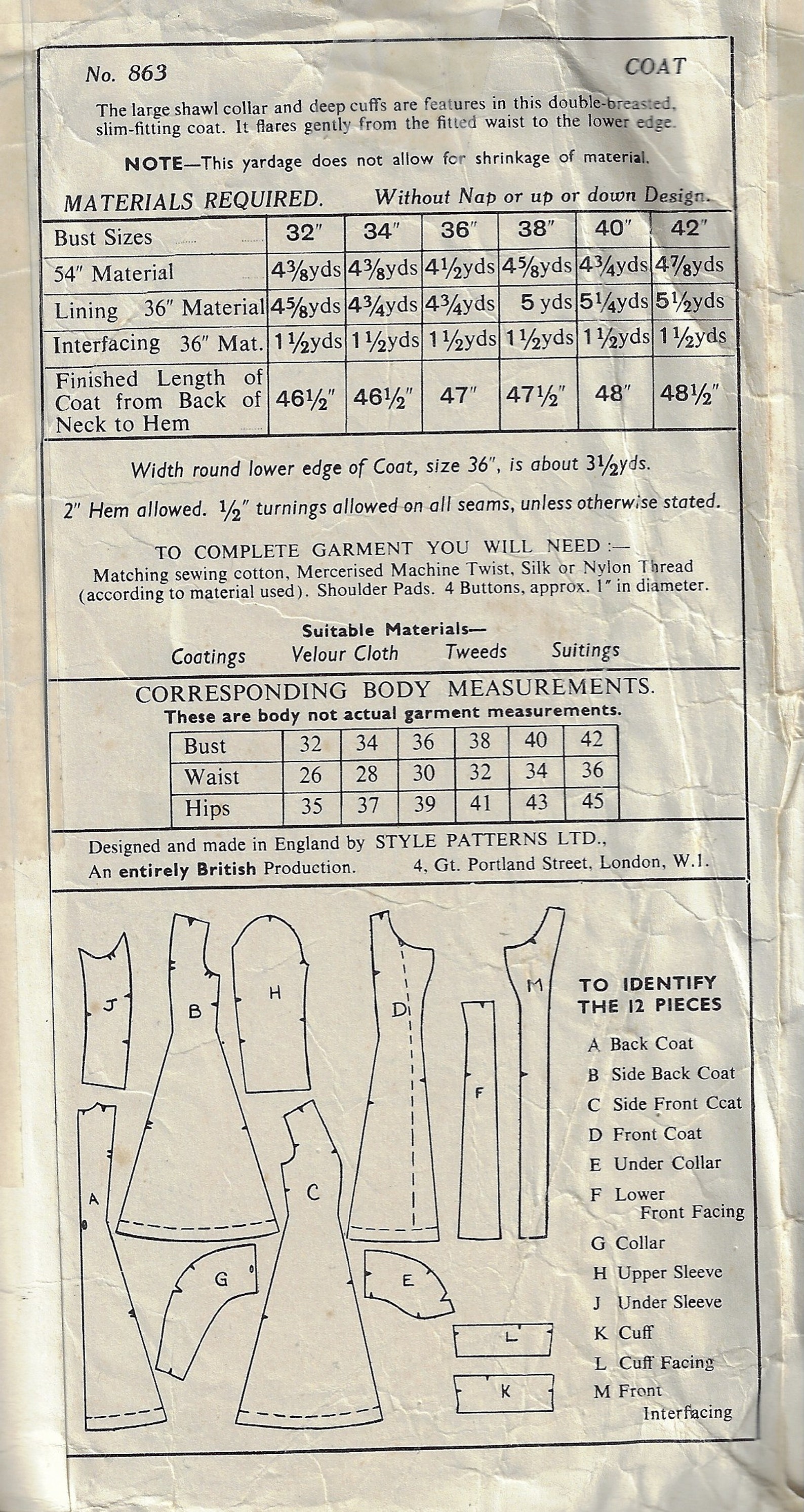 1950s Vintage Sewing Pattern COAT B36 R309 by Style 863 - Etsy