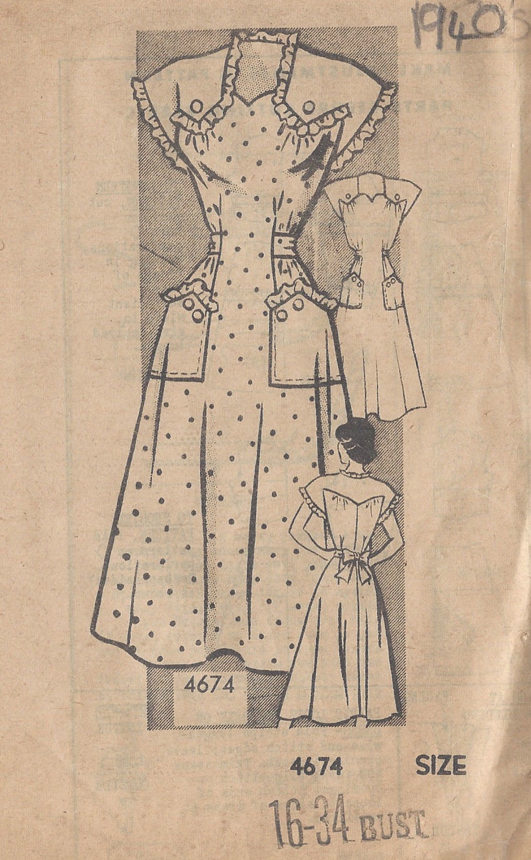 1940s Vintage Sewing Pattern DRESS B34" (R150) the Farmer Stockman ...