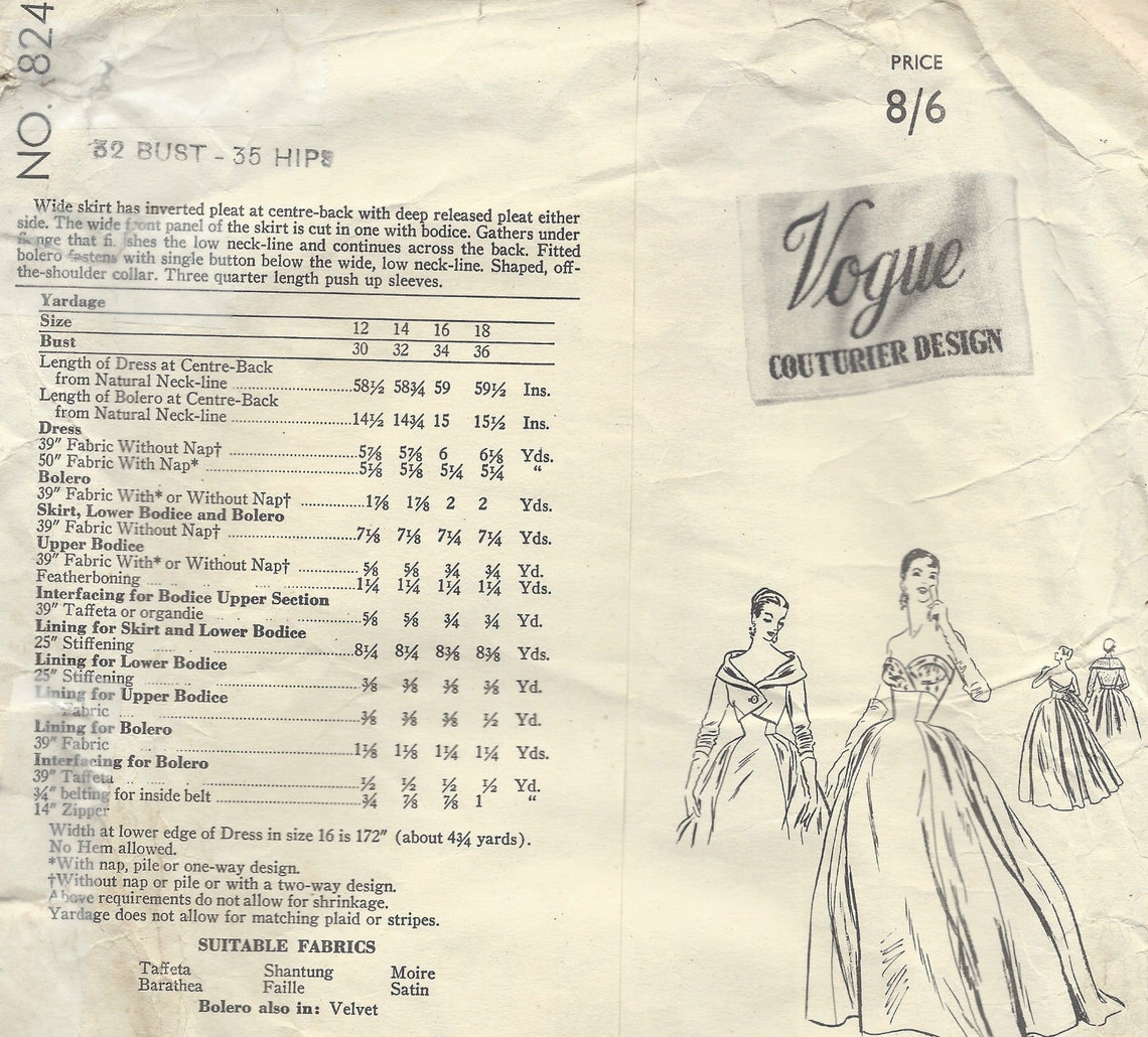 1954 Vintage VOGUE Sewing Pattern B32 DRESS EVENING Gown Bolero Jacket ...