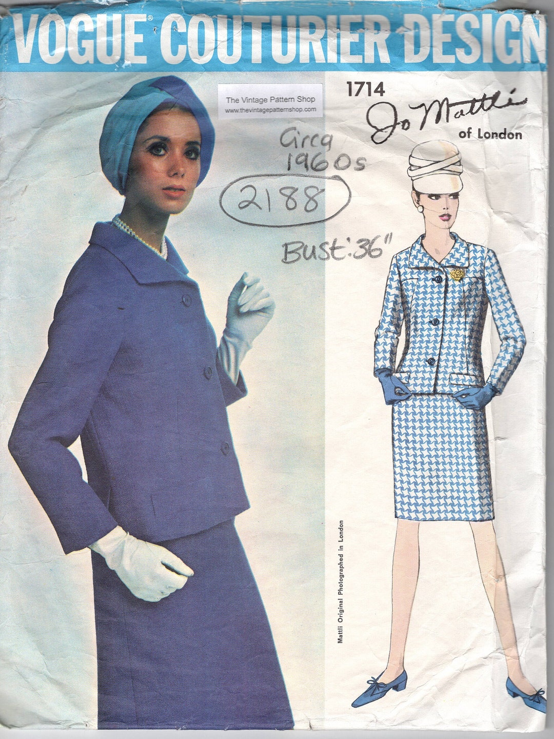 1960s Vintage VOGUE Sewing Pattern B36" SUIT Jacket & SKIRT (2188) Jo ...