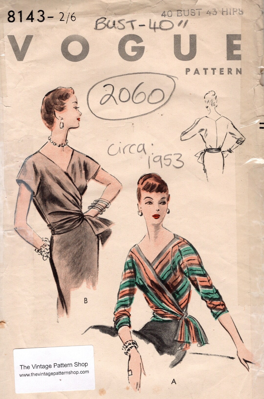 1953 Vintage VOGUE Sewing Pattern B40in Tie-on BLOUSE (2060) Vogue 8143 ...