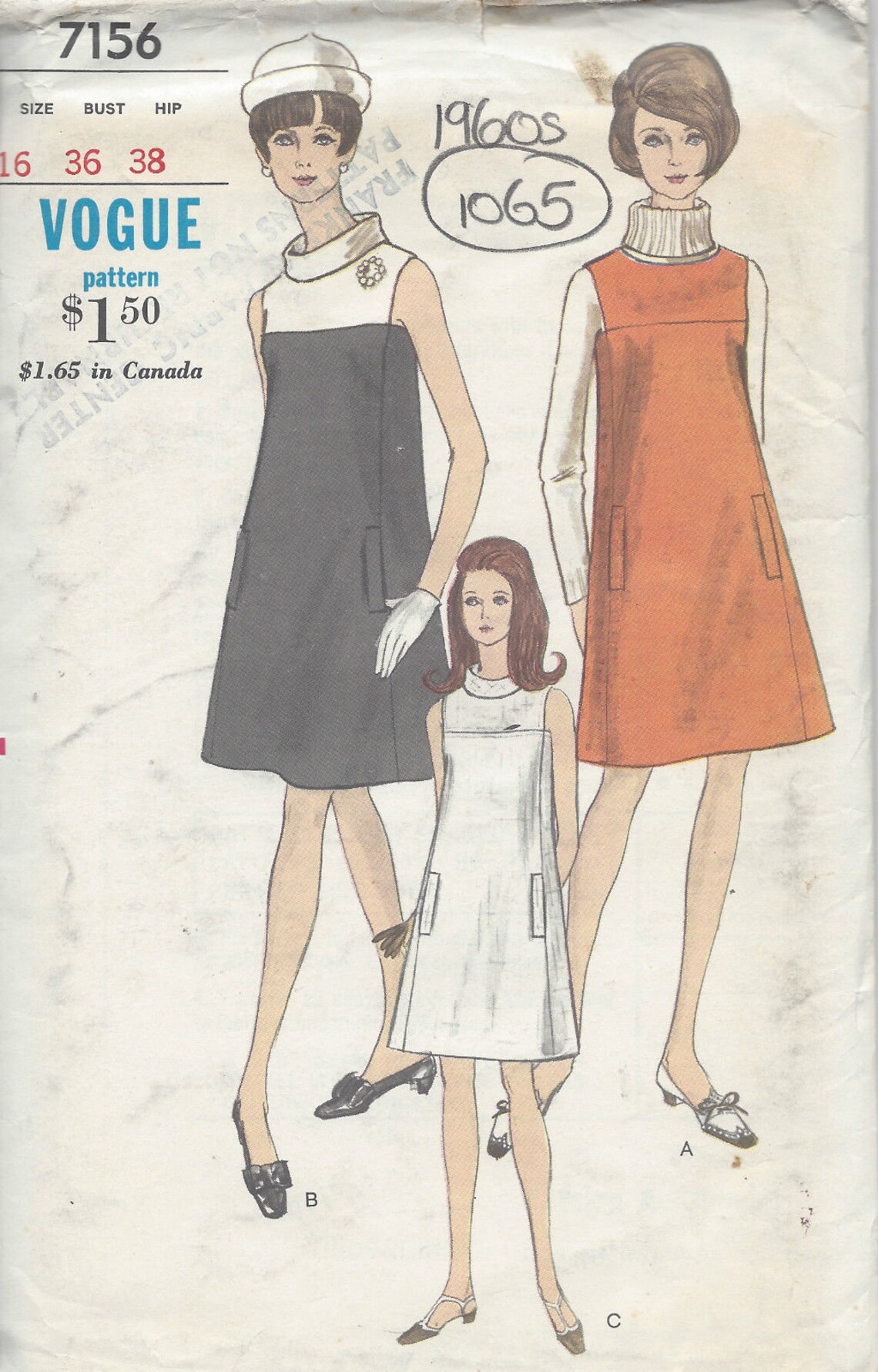 1960s Vintage Sewing Pattern B36 DRESS (1065) Vogue 7156 - Etsy