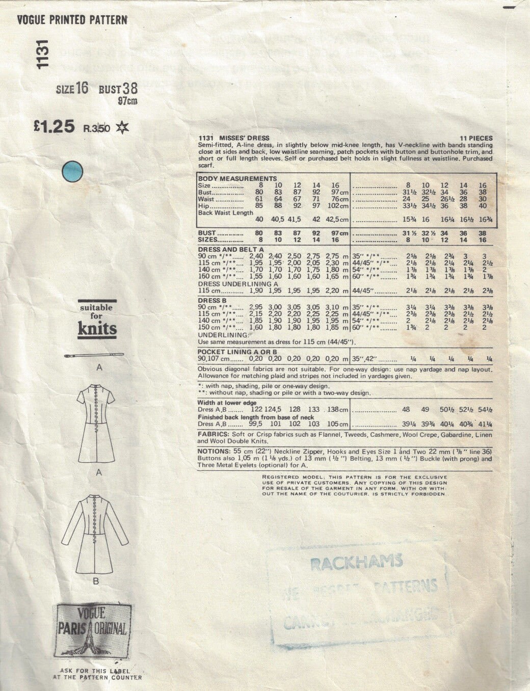 1970s Vintage VOGUE Sewing Pattern B38 DRESS (1694) by Christian Dior ...