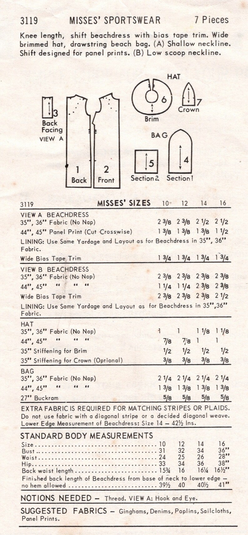 1964 Vintage Sewing Pattern Bust: 34in DRESS HAT BEACHBAG - Etsy