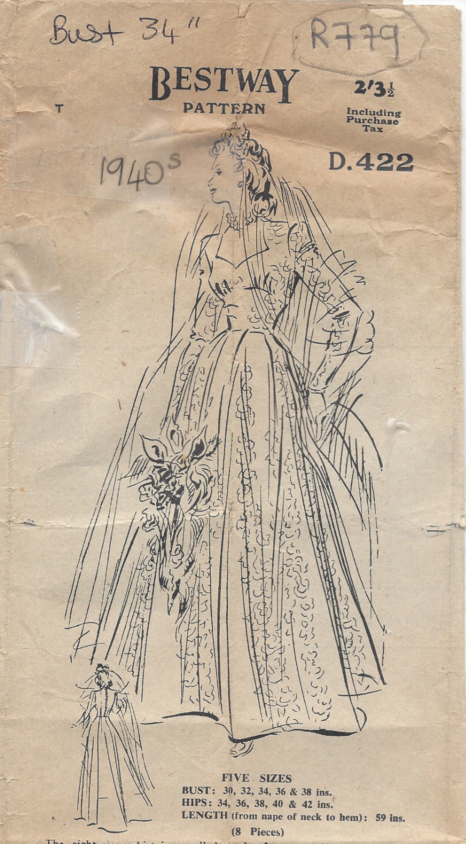 1942 Vintage Sewing Pattern B34 WEDDING DRESS R779 by BESTWAY D422 - Etsy