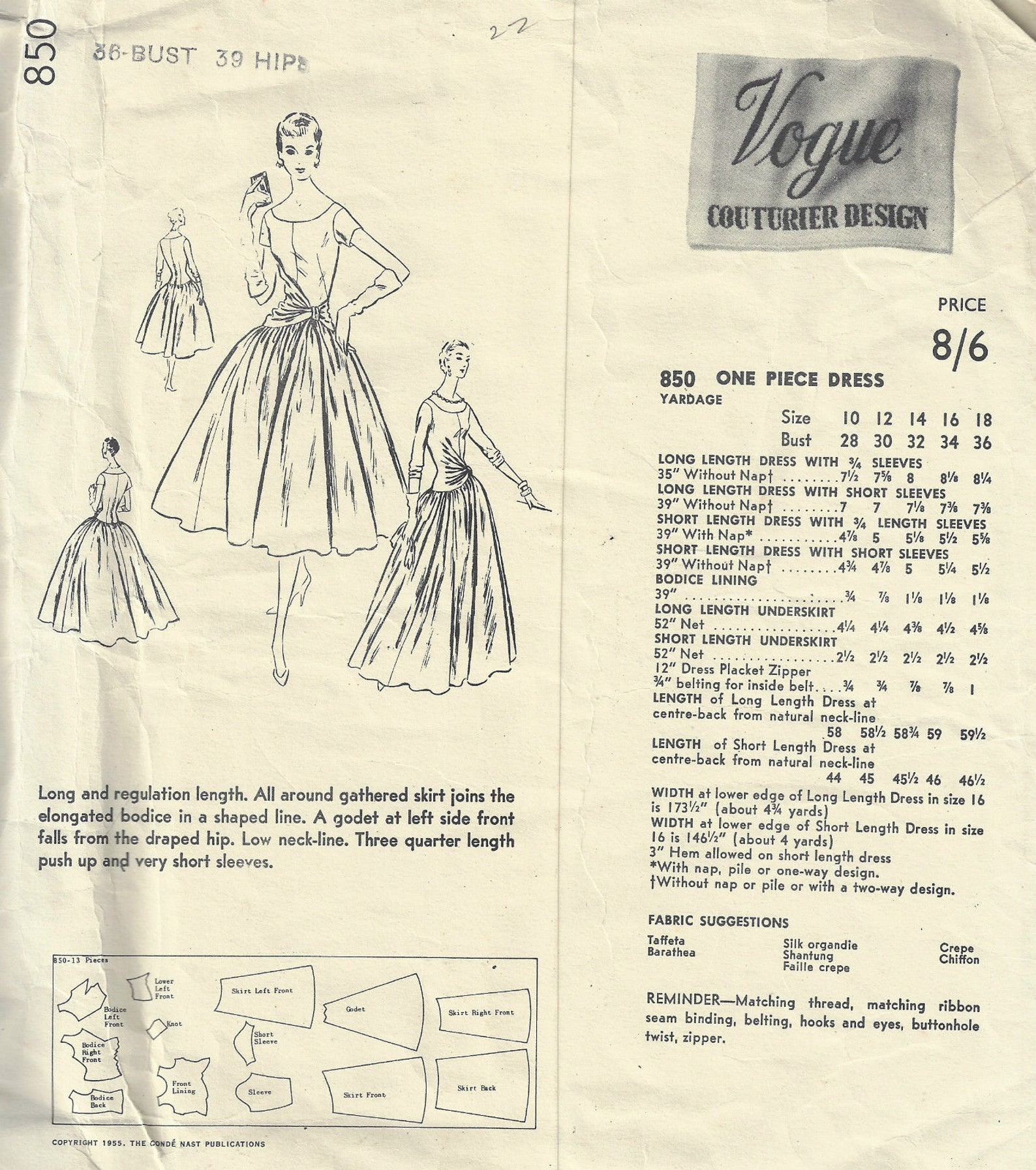 1955 Vintage VOGUE Sewing Pattern B36" ONE-PIECE Dress (1822) Vogue 850 ...