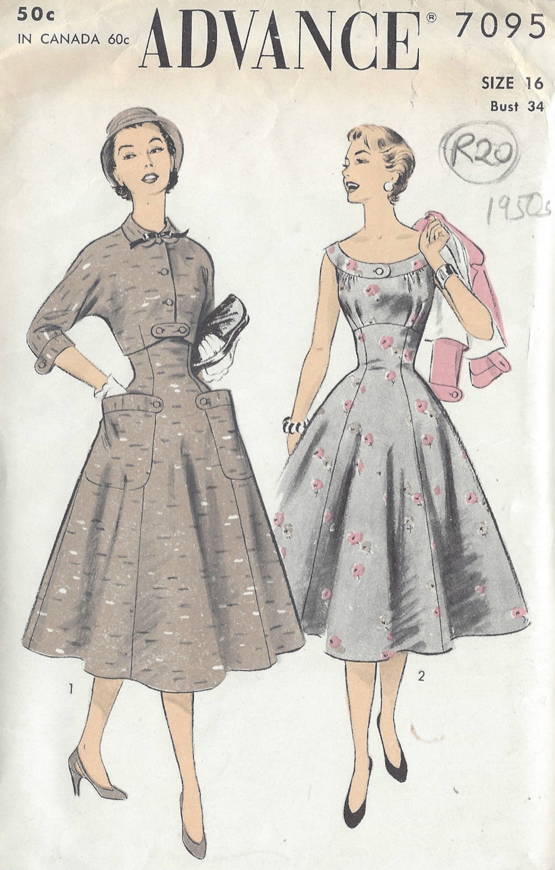 1950s Vintage Sewing Pattern DRESS & JACKET B34" (R20) Advance 7095 - Etsy