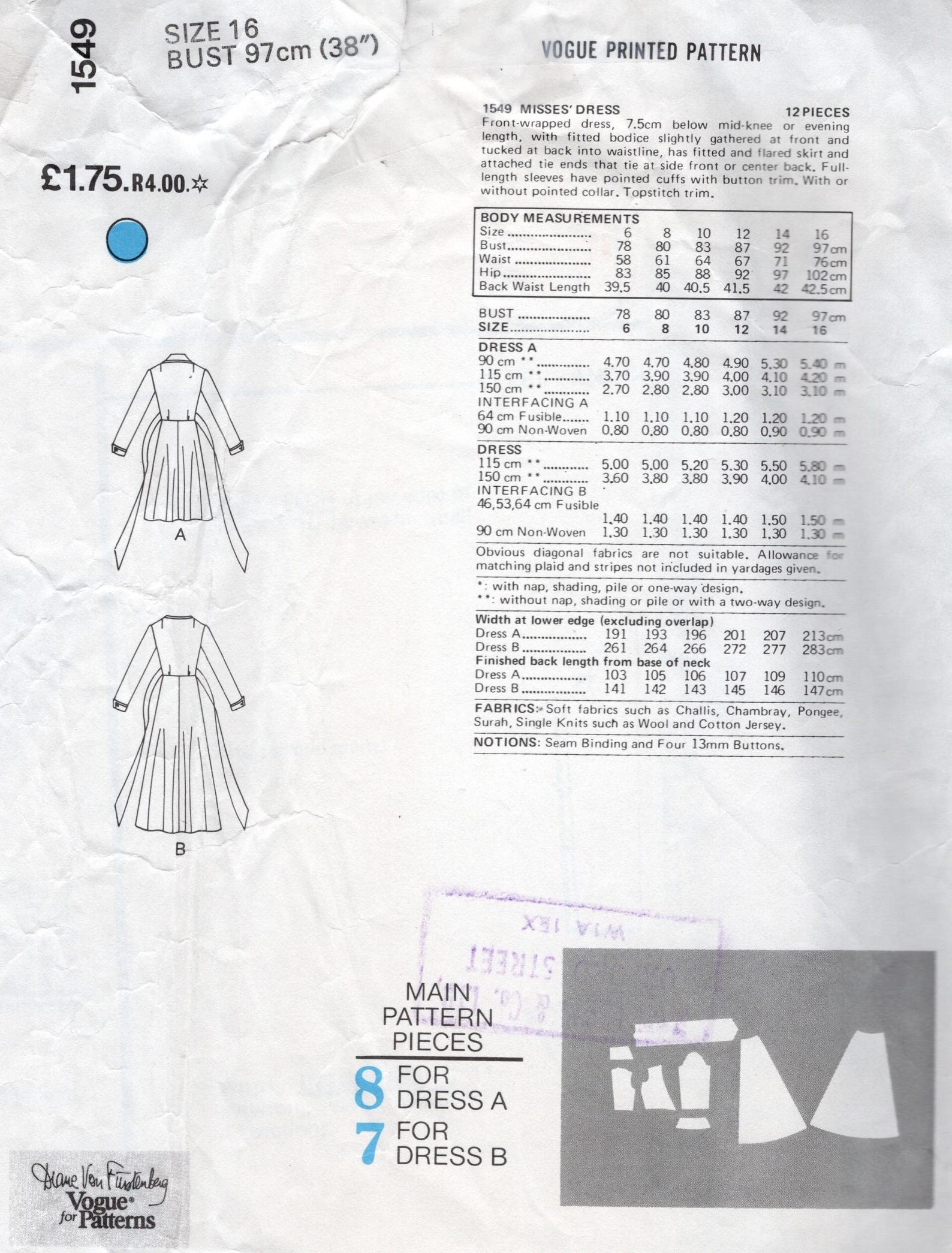 1976 Vintage VOGUE Sewing Pattern WRAP DRESS B38” (2246) Diane Von ...