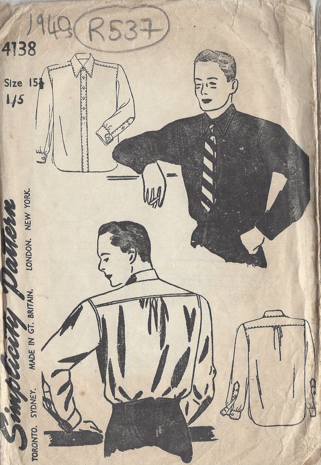 1940s Vintage Sewing Pattern MEN'S SHIRT S:15 1/2 R537 by Simplicity ...