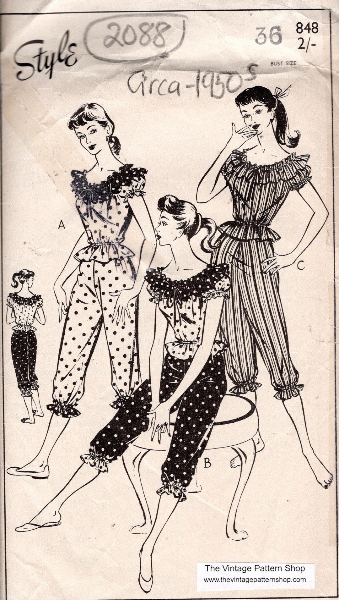 1950s Vintage Sewing Pattern B36″ Pyjamas With Blouse (2088) by Style ...