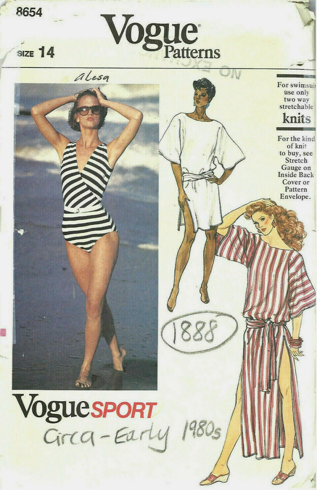 1980s Vintage VOGUE Sewing Pattern B36″ COVERUP With Belt and SWIMSUIT ...