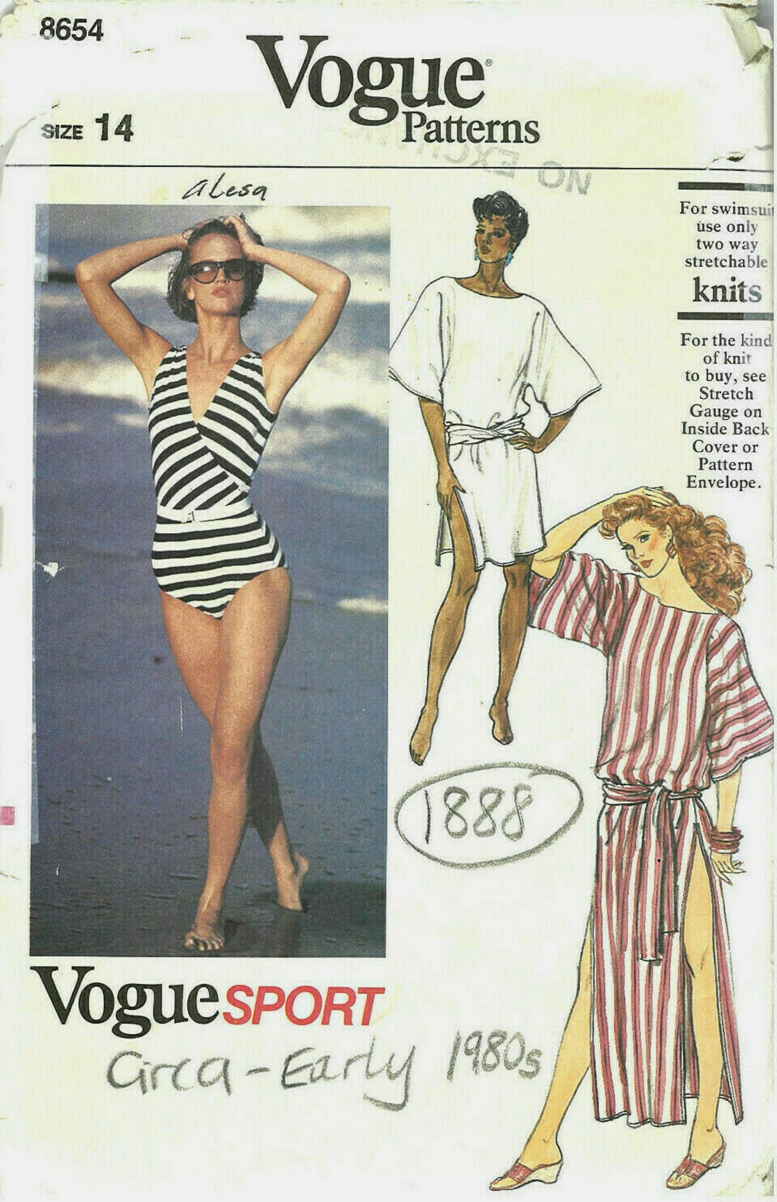 1980s Vintage VOGUE Sewing Pattern B36″ COVERUP With Belt and SWIMSUIT ...